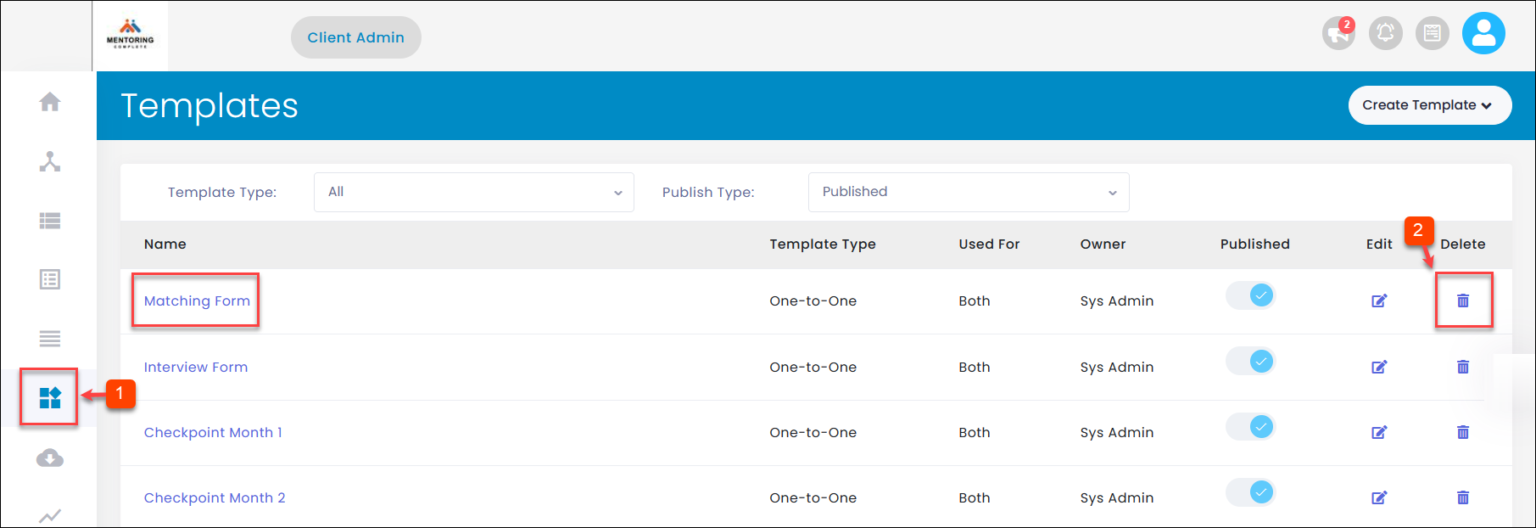 Create/Delete Template - Mentoring Complete
